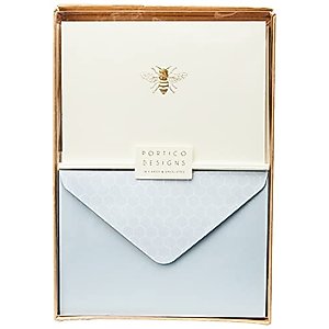 Portico Designs Blank Notecard Set Gold Foil Embossed Boxed Notecards Stationary Set, 10-Count, Bee