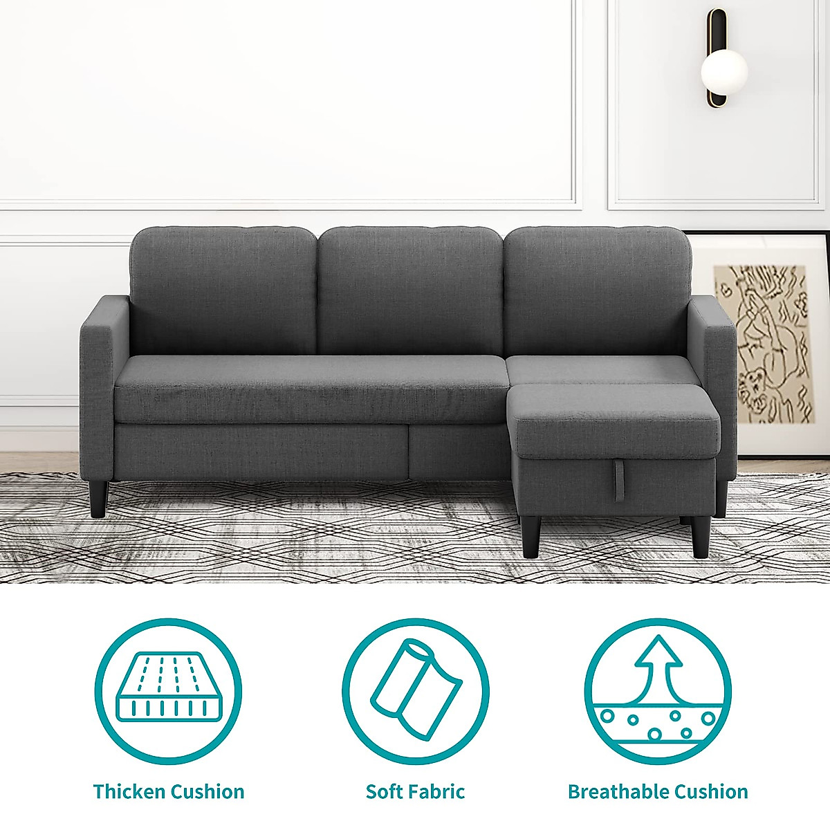 BALUS Sillones para Sala Convertible Sectional Sofa Couch,3-seat L-Shaped,Reversible Modern Couch with Movable Storage Ottoman Chaise, Free Combination Sofa for Living Room and Office（Dark Gray）