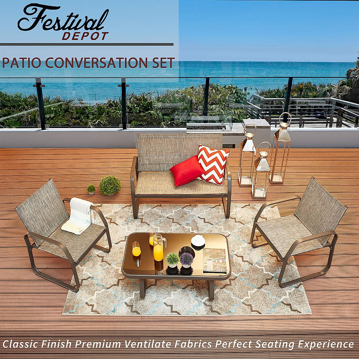 Festival Depot 4 Pieces Patio Furniture Outdoor Conversation Set with Metal Side Coffee Table Steel Armchairs Loveseat Round Angle Edge Summer Small Style