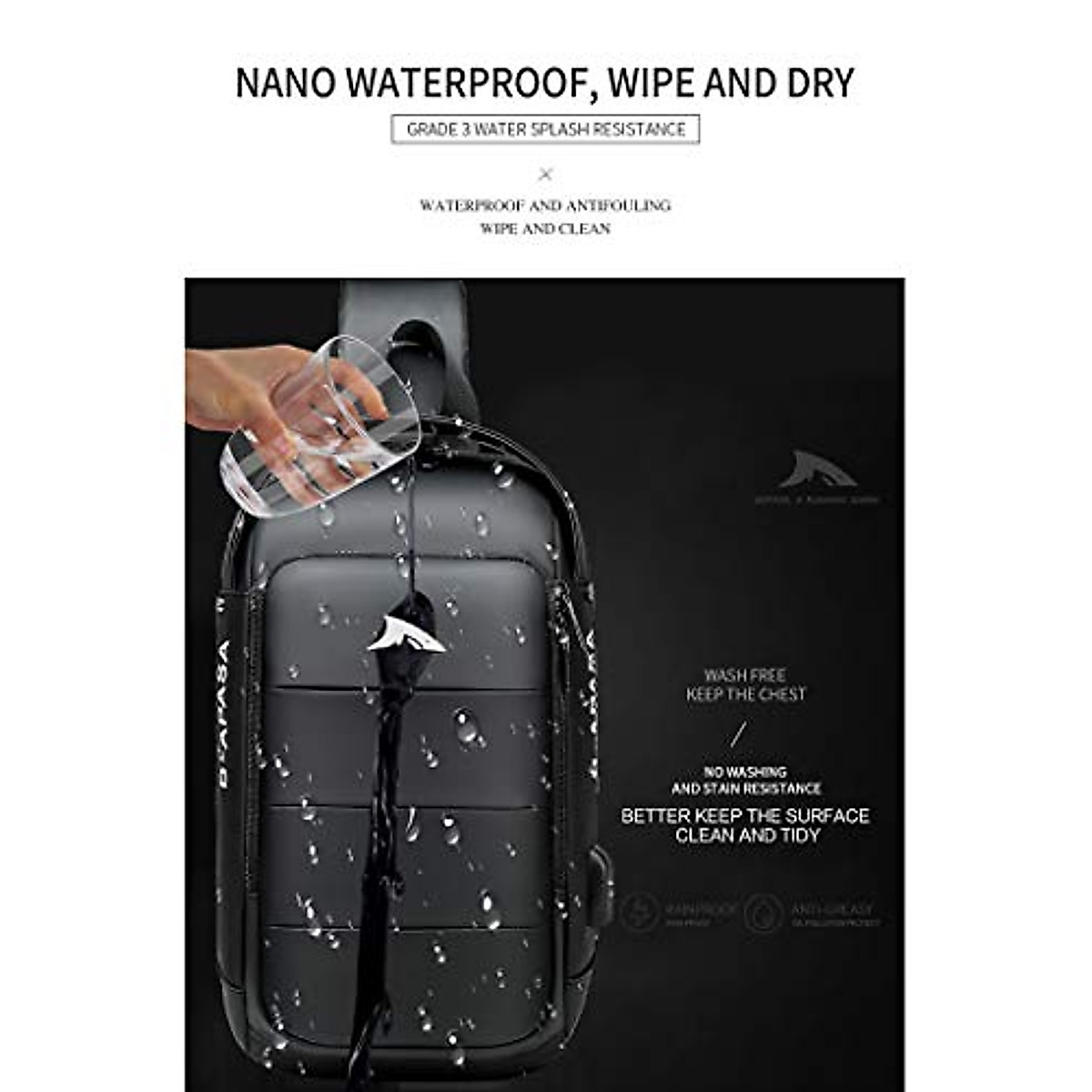 BAPASA Men Sling Crossbody Bag Compact Shoulder Waterproof Sling Bag USB Casual Sport Lightweight Backpack (BLACK)