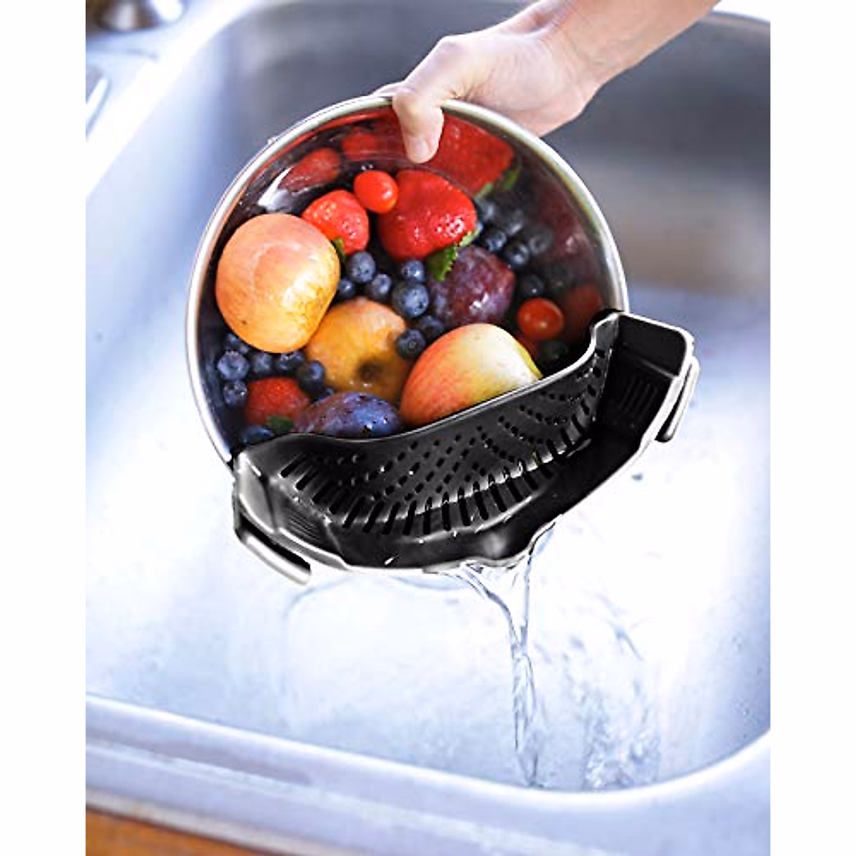 Clip On Kitchen Food Strainer for Spaghetti, Meat, Pasta, & Ground Beef Grease, Colander & Sieve Snaps or Clips Onto Bowls, Pots & Pans Includes Silicone Drainer, Brush & Garlic Peeler (Black)