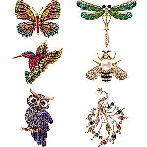 Hicarer 6 Pieces Women Brooch Set Crystal Pin Brooch Colorful Animal Shape Brooch Pin for Women Girls Party Favors (Dragonfly, Butterfly, Hummingbird, Owl, Peacock, Bee Design)