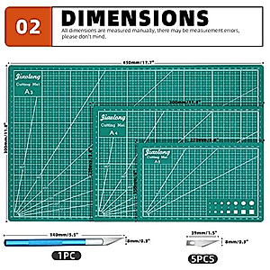 Tanstic 9Pcs A3 A4 A5 Self Healing Sewing Mat with Precision Carving Craft Knife and Blades, Craft Cutting Board Cutting Mat Double Sided Quilting Crafts Mat Table Protector Cut Mat (Green)