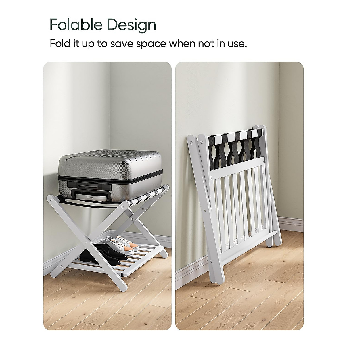 Smart FENDEE Fully Assembled White Bamboo Luggage Rack, 5 Straps Folding Suitcase Stand with Shoe Shelf, Heavy Duty Wood Large Luggage Holders for Guest Room, Bedroom, Hotel