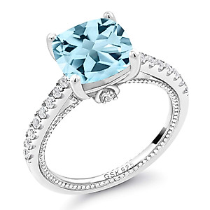 Gem Stone King 925 Sterling Silver Sky Blue Topaz and White Created Sapphire Ring For Women (4.52 Cttw, Cushion 10MM, Available in size 5, 6, 7, 8, 9)