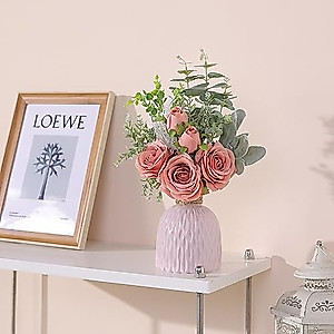 Artificial Flowers with Ceramic Vase,Faux Silk Roses and Fake Plant Eucalyptus in Vase for centerpiece table decorations, living room,dining table,fireplace,office,farmhouse,home decor(Dusty Pink)