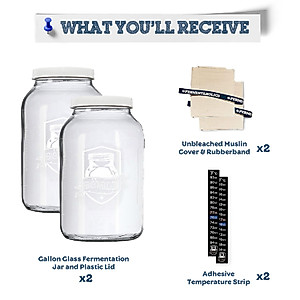 Printed Kombucha Jar 2 Pack - 1 Gallon Glass Jars for Homebrewing- Brew Notes Printed On Jar - Includes Muslin Cover, Rubber Band, Temp Strip - Lid Included for Storage - Perfect Home For Your SCOBY