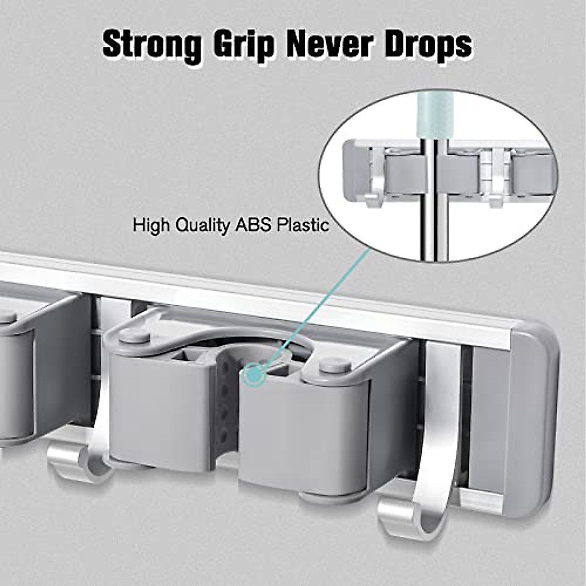 2 Pack Mop Broom Holder Wall Mount, Garden Tool Storage Organizer, Wall Hanger Hooks Rack for Home, Metal Aluminum Garage Laundry Room Organization and Storage, Silver (4 Slots&5 Hooks)