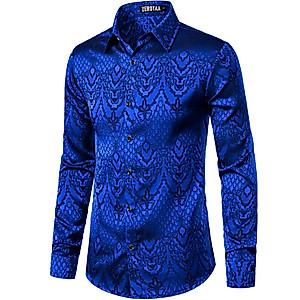 ZEROYAA Men's Hipster Slim Fit Long Sleeve Gothic Jacquard Button Up Dress Shirts for Party Prom ZLCL32-Royal Blue Large