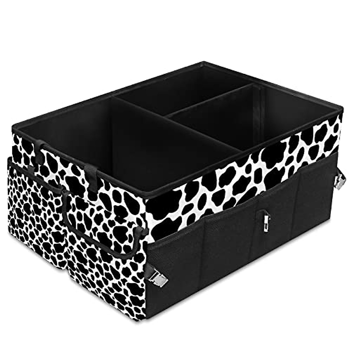 GACTIVITY Black And White Cow Print Car Trunk Organizer,Collapsible Cargo Storage Tote Bag,Non Slip,3 Divider Compartments, Automotive Interior Accessories for Auto SUV Truck Vehicle Picnic Camping