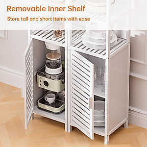 HITNET Bathroom Tall Cabinet, Floor Standing Bamboo Storage Cabinet with 6 Shelves and Shutter Door for Kitchen Living Room, White