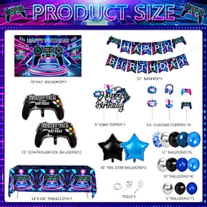 JOPHMO Video Game Birthday Party Decorations for Boy Game Happy Birthday Party Supplies with Happy Birthday Backdrop Banner Gaming Tablecloth Blue Balloon Arch Kit Cake Toppers for Boy Birthday Party