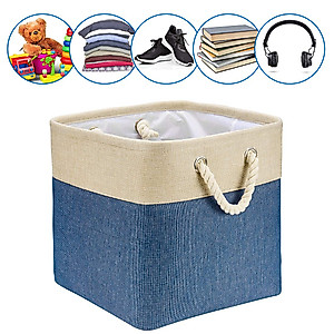 i BKGOO 3Pack Large Foldable Storage Bins，Collapsible Sturdy Cationic Fabric Organizing Storage Basket Cube with Cotton Handles for Home Office Shelf Clothes Toys Khaki-Blue 13×13×13 inch