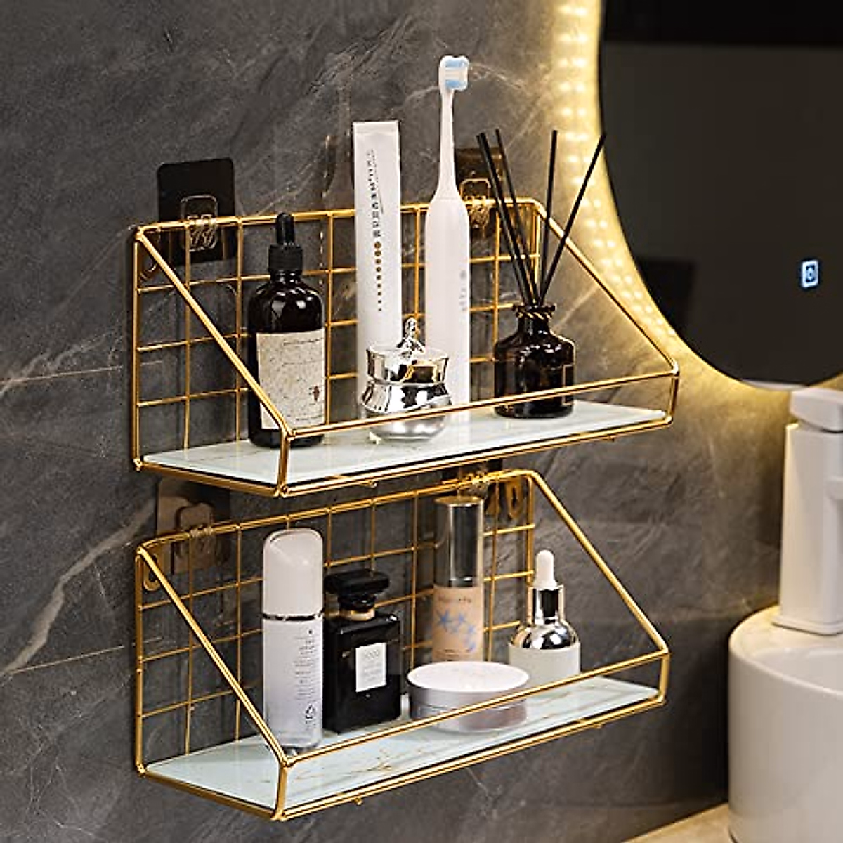 Shower Bathroom Caddy Gold Rust Proof No Drill Bottle Holder Adhesive Basket Organizer Wall Mount for College Gold white