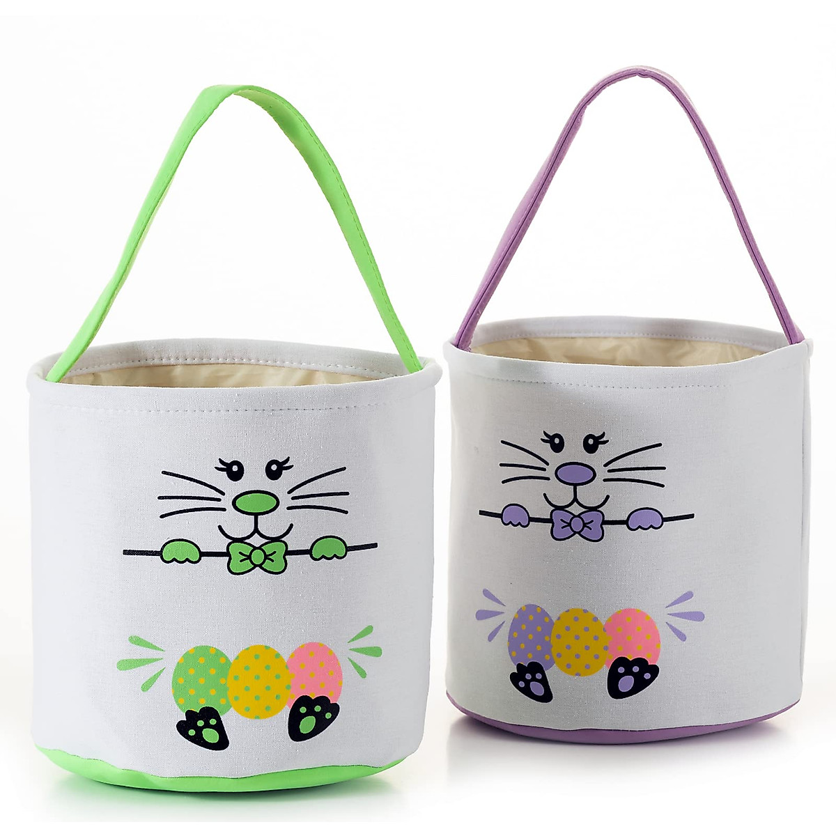 E-FirstFeeling 2 Pack Easter Bunny Basket for Kids Egg Hunt Bunny Baskets Canvas Easter Basket Bucket Tote for Easter Candy (Green Purple)