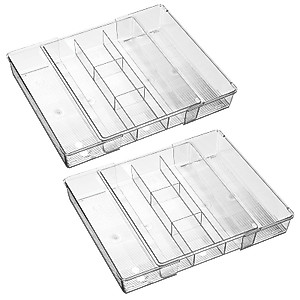 mDesign Dual Expandable Plastic In-Drawer Utensil Organizer Tray Deep 5 Section Divided for Kitchen Organization; Holds Cutlery, Flatware, Silverware, Cooking Utensils, Ligne Collection, 2 Pack, Clear