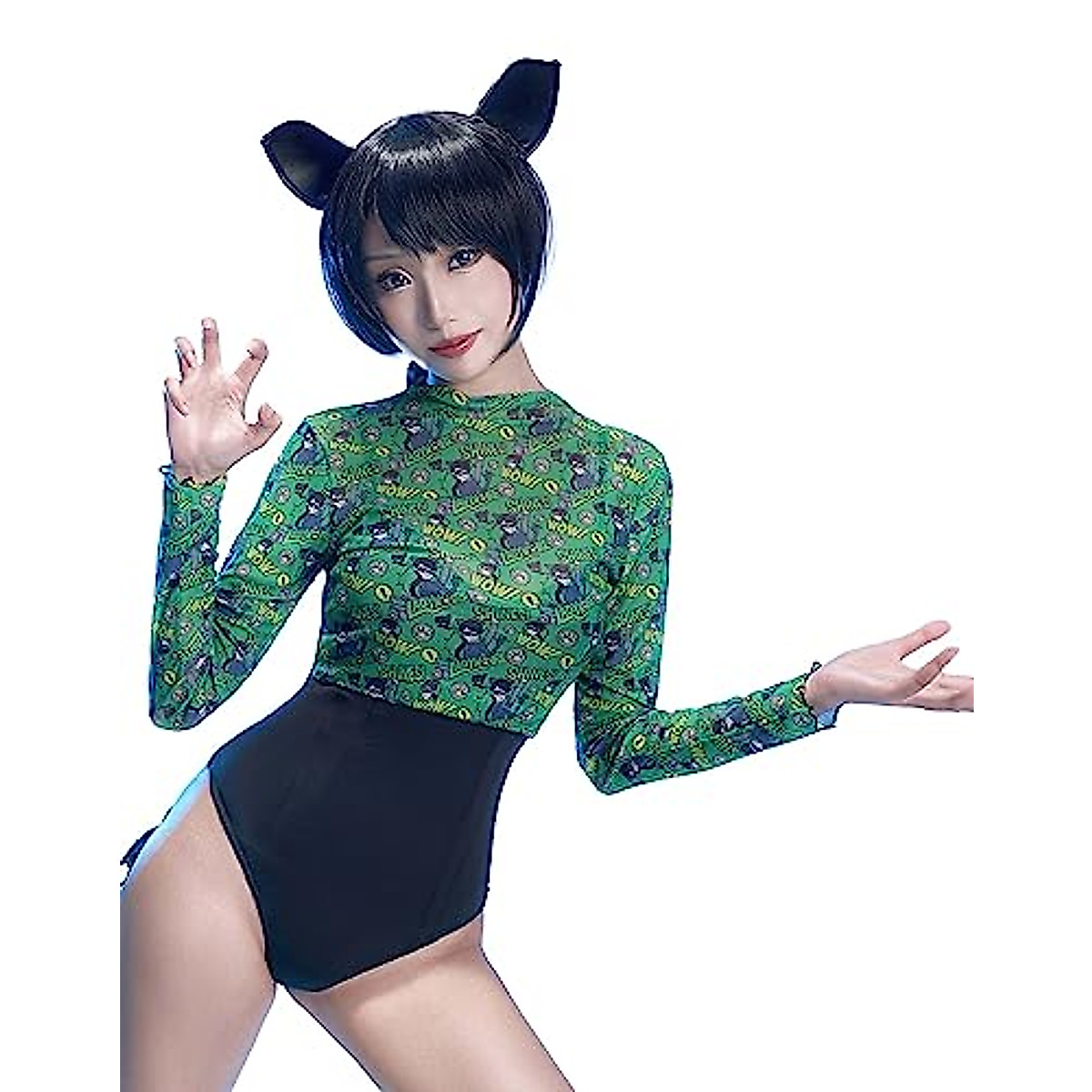 Miraculous Women's Cat Noir Long Sleeve Beach Rash Guard Shirt Cover Up Top (as1, Alpha, s, Regular, Regular, Green)