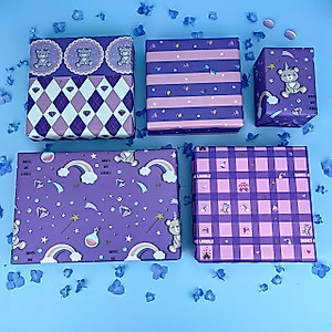 Dtiafu Baby Wrapping Paper - 10 Sheets Purple Pink Gift Wrap Paper for Baby Girl Neutral Birthday Baby Shower - Bear/Diamond, Rainbow/Floral Print - 20 x 28inch Per Sheet (Kraft)