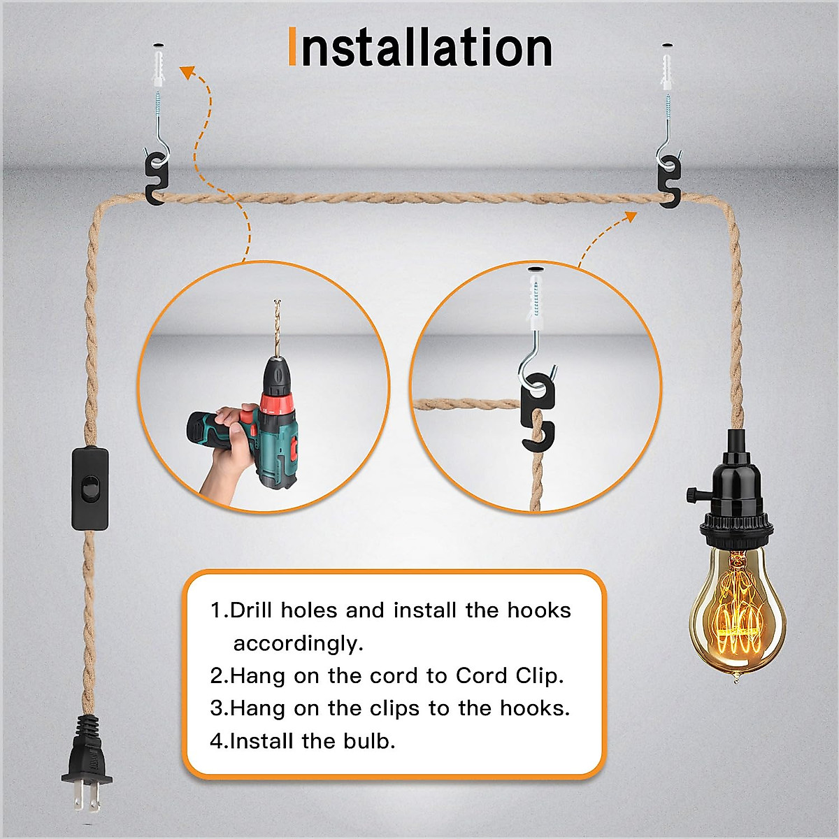 Zevnico 16.5FT Pendant Light Kit, Hanging Lights with Plug in Cord & Switch, Hemp Rope Swag E26 Socket Pendant Lamp, Extension Lantern Cable Vintage Farmhouse Industrial Retro DIY Decoration Fixtures
