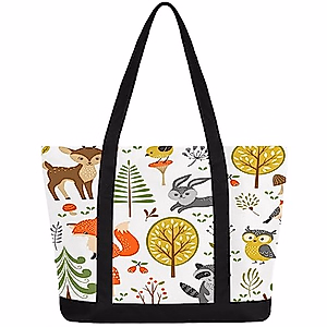 bisibuy Cute Animals Mushrooms Berries Tote Bag Tote Bag for Women Reusable Grocery Shopping Cloth Bags with Zipper Large Capacity Foldable Handbag Gym Bag for Gift Activity