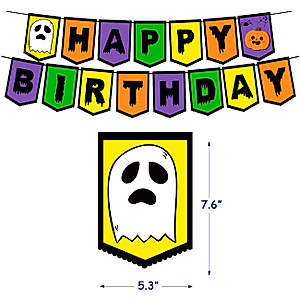 Halloween Birthday Party Decorations, Happy Birthday Banner with Pumpkins and Ghost,Colourful Halloween Cartoon Pattern Balloons,Plastic Tablecloth and Halloween Caketopper