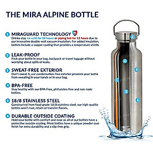 MIRA Alpine Stainless Steel Vacuum Insulated Water Bottle with 2 Lids, Sports Thermos Flask Keeps Cold 24 Hours, Hot 12 Hours, Reusable Hydro Bottle - 25 oz (750 ml) Jasmine Leaves