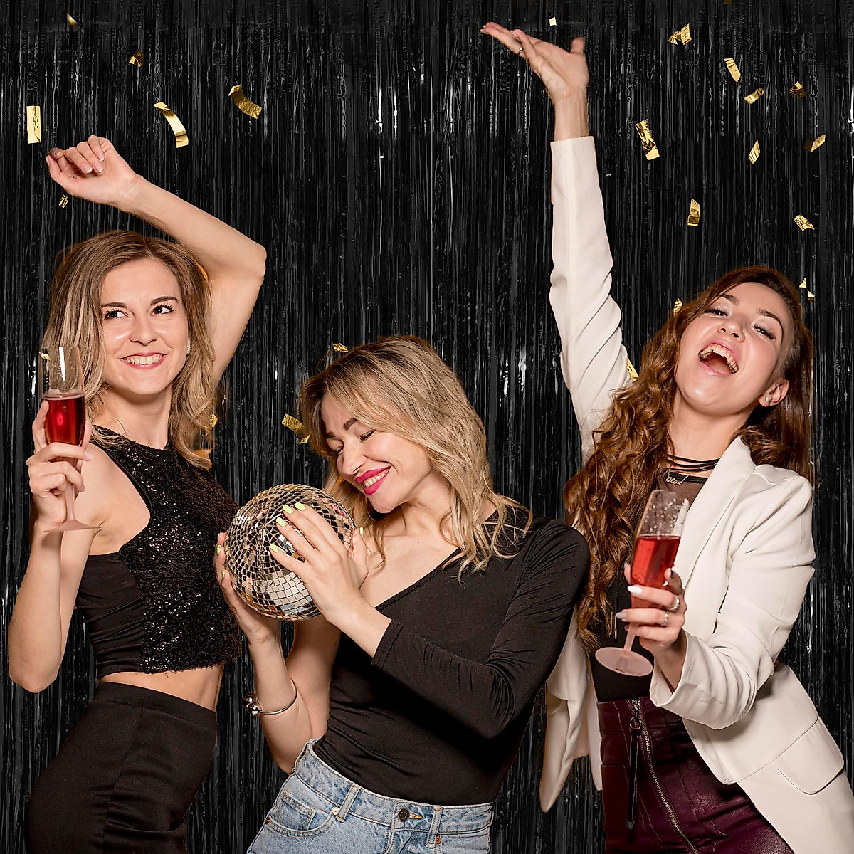 Black Metallic Tinsel Foil Fringe Curtains Backdrop 2Pack 3.3x8.3Ft Party Streamers for Birthday Party Decorations Halloween Christmas Decors Foil Curtain Backdrop for Bachelorette Bridal Party