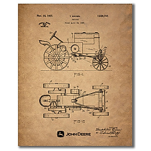 Bigwig Prints John Deere Patent Wall Art - Vintage Tractor and Plow Prints, Farmhouse Decor, Antique Tractor Posters, Rustic Wall Art for Home or Office - Unframed Set of 4 (8x10")