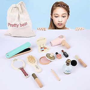 XAOHAO Pretend Play,Wooden Beauty Salon Toys for Girls, Make Up Set Toy Gift,15 Pieces Makeup Play Set with Makeup,Perfume,Lipstick,Mirror, Hair Dryer,Mascara, Cosmetics Case and Storage Bag