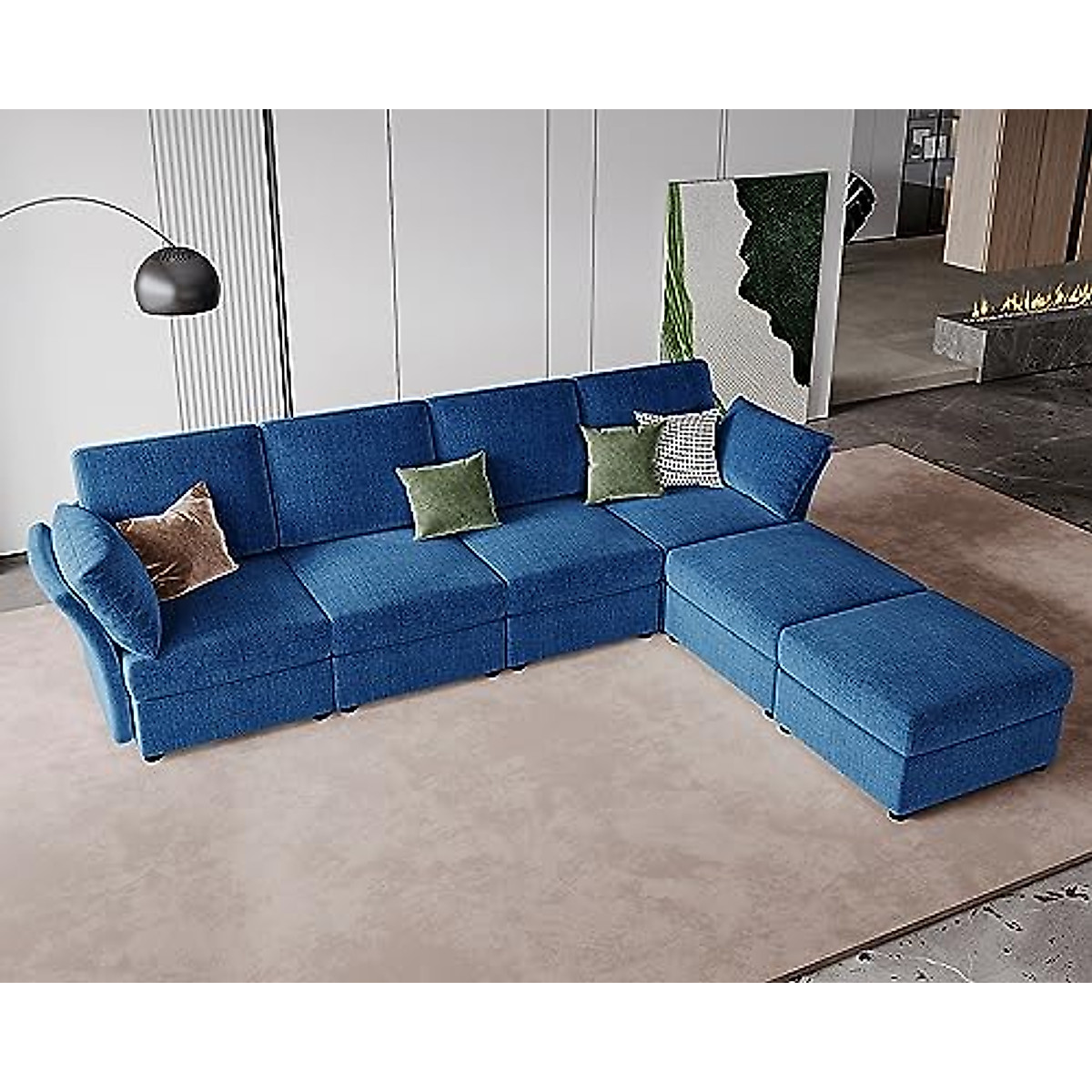 Amerlife Sectional Sofa, Convertible Sofa- Modular Sectional Sofa, 6 Seats U Shaped sectional with Ottomans, Reversible Sofa Couch for Living Room, Blue Linen