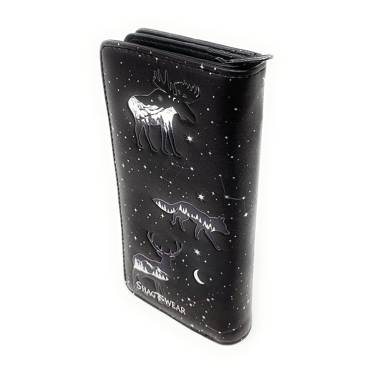 Shag Wear Black Animal Constellations Large Wallet for Women and Teen Girls Vegan Faux Leather Black 7"