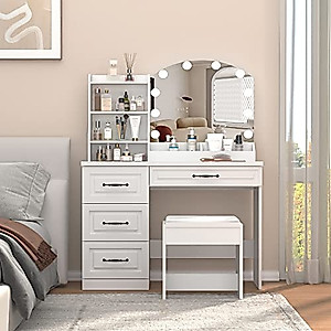 Vabches Makeup Vanity Desk with Lights and 4 Drawers, White Vanity Set Makeup Table Lots Storage, 3 Lighting Colors, Large Size 39.4in(L), White-L