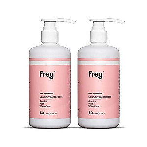 FREY Concentrated Liquid Laundry Detergent - Specially Formulated for Sensitive Skin and High Efficiency (HE) Washers - Removes Stains, Ideal for 50 Loads - Jasmine Rose White Cedar Scent - Pack of 2