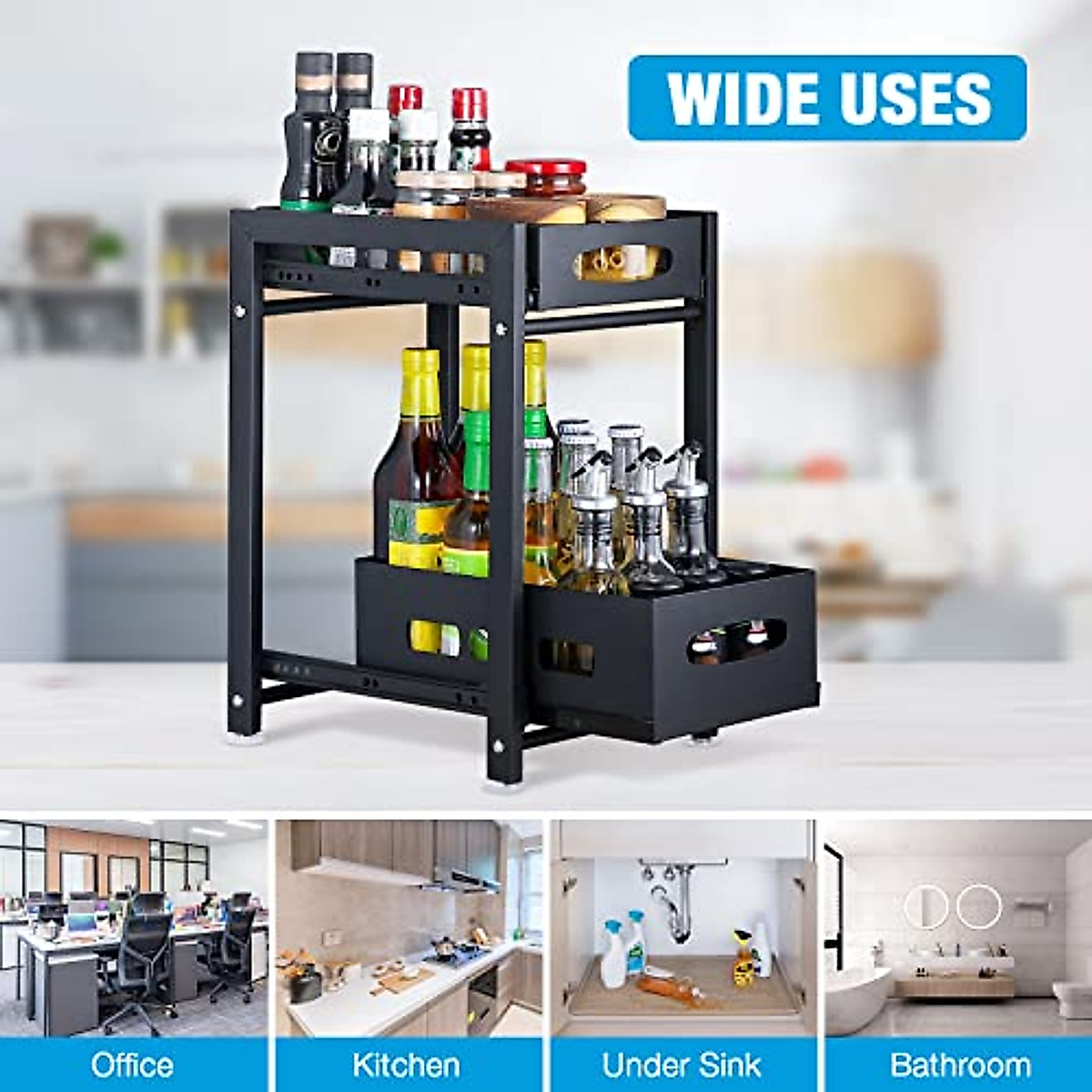 LEPO Under Sink Organizer and Storage, 2 Tier Pull Out Drawer Organizer for Kitchen Cabinets, Stainless Steel Under Sink Organizers with Sliding Basket, Double Under Sink Storage Shelf for Bathroom