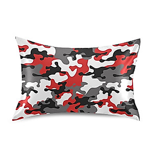 Red Grey Camouflage Pillow Covers Silk Pillowcase for Hair and Skin Soft Smooth Breathable Cooling Satin Pillowcase Standard Size Pillow Case for Bedroom Bed Sleeping (20x26 Inch)