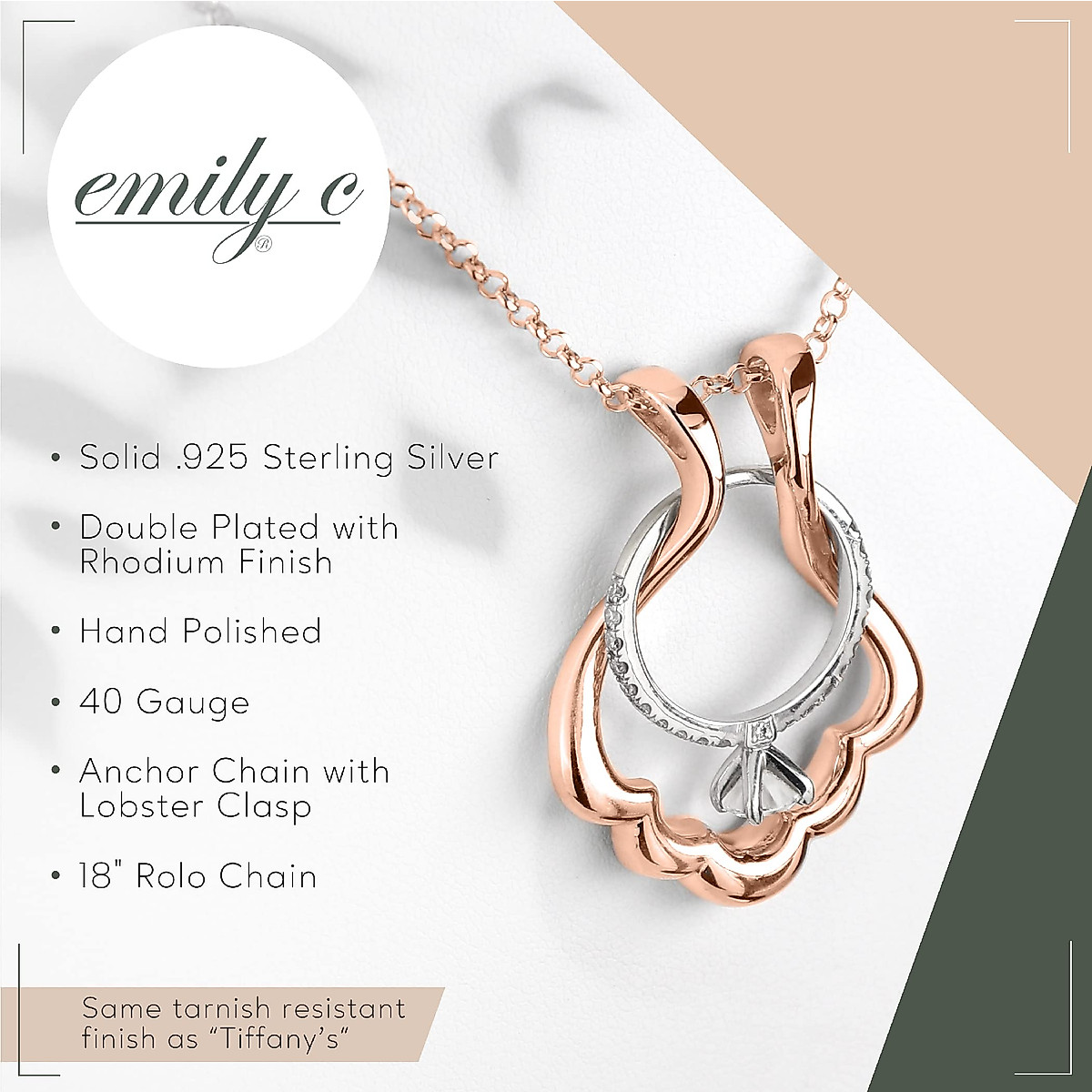 Emily C Original Patented s925 Rose Gold Ring Holder Necklace - Sterling Silver Base plated with 14 Karat Rose Gold - Women & Men Wedding Ring Holder Necklace - Gift for Mother,Wife,Nurse,Doctor