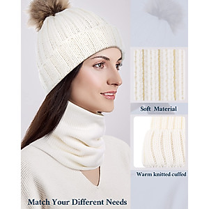 9 Pcs Winter Knitted Hat Scarf Gloves Set Warm Beanie Hat with Faux Fur Pom Fleece Lining Neck Warmer Touchscreen Gloves for Women, Men
