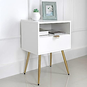 White Mid Century Modern Nightstand, Wood End Table for Living Room, Bed Side Table, Night Stand with Drawer and Shelf, Sturdy Construction, Easy Assembly