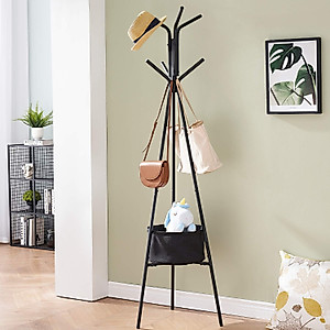 VECELO Coat Rack Freestanding,Hall Trees with Storage Basket,Entryway Clothes Stand with Shelf for Hat,Bags,Scarf Trees with 6 Hooks,Rustic Brown and Black