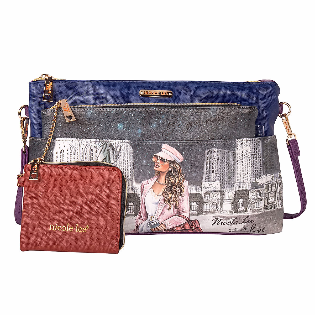 Nicole Lee 3 Pieces Handbag Pouch Set, Removable Crossbody Strap, Large, Medium Small Zip Pouches, Travel Set (Sara is Soft but Strong)