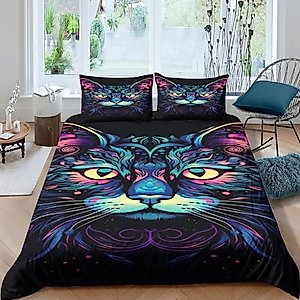 MEFESE Colorful Line Cat Theme 3D Bedding Duvet Cover Set Neon Cool Style 3 Piece (1 Duvet Cover+2 Pillowcase) for Teen Boys Girls Sports Microfiber Bedding Quilt Twin（173x218cm）