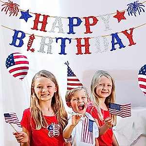 Ushinemi Glitter 4th of July Birthday Decorations, Red White and Blue Happy Birthday Banner, Patriotic Independence Day Birthday Party Supplies