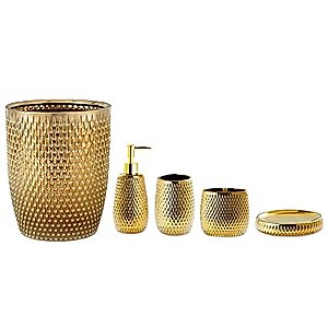 BASDHE Bathroom Accessories Set 5 Piece Bath Ensemble Includes Trash Can,Toothbrush Holder,Toothbrush Cup,Soap Dispenser,Soap Dish for Decorative Countertop and Housewarming Gift, Yellow