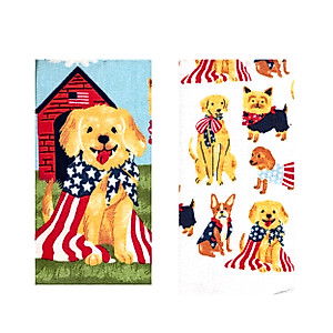4th of July USA Home Decor Patriotic Puppy Dog Yellow Lab Kitchen Towel Set