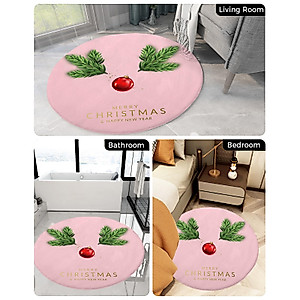 Blush Pink Christmas Fluffy Round Area Rug Carpets 4ft, Plush Shaggy Carpet Soft Circular Rugs, Non-Slip Fuzzy Accent Floor Mat for Living Room Bedroom Nursery Xmas Winter Pine Tree Leaf Green Gold