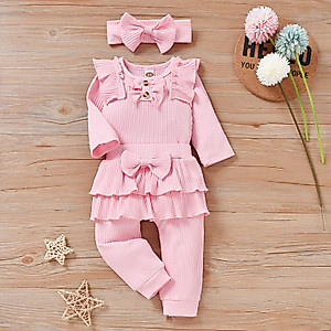 Aalizzwell Preemie Newborn Infant Baby Girls Clothes Ribbed Bodysuit Pants Set Fall Winter Outfits Pink Premature