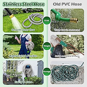 Metal Garden Hose 100 ft - Stainless Steel Water Hose 100ft with 10 Function Nozzle, No Kink, Flexible, Lightweight, Puncture & Rust Proof Metal Garden Hose for Yard, RV, Garden, Outdoor