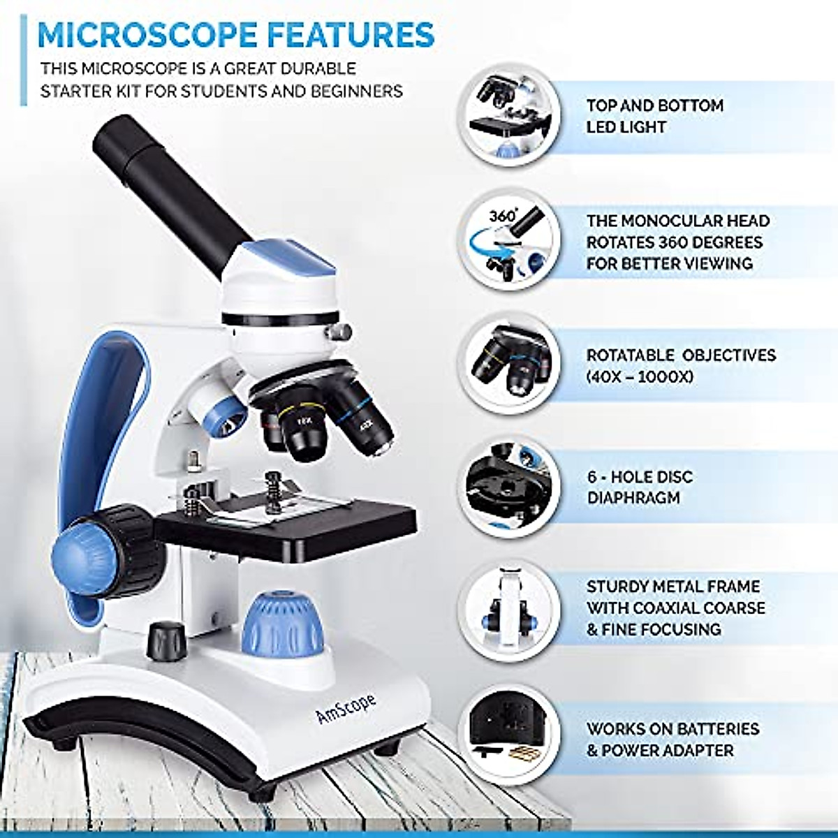 AmScope M162C-2L-WM-SP14-50P100S 40X-1000X Dual Light Glass Lens Metal Frame Student Microscope + Slides