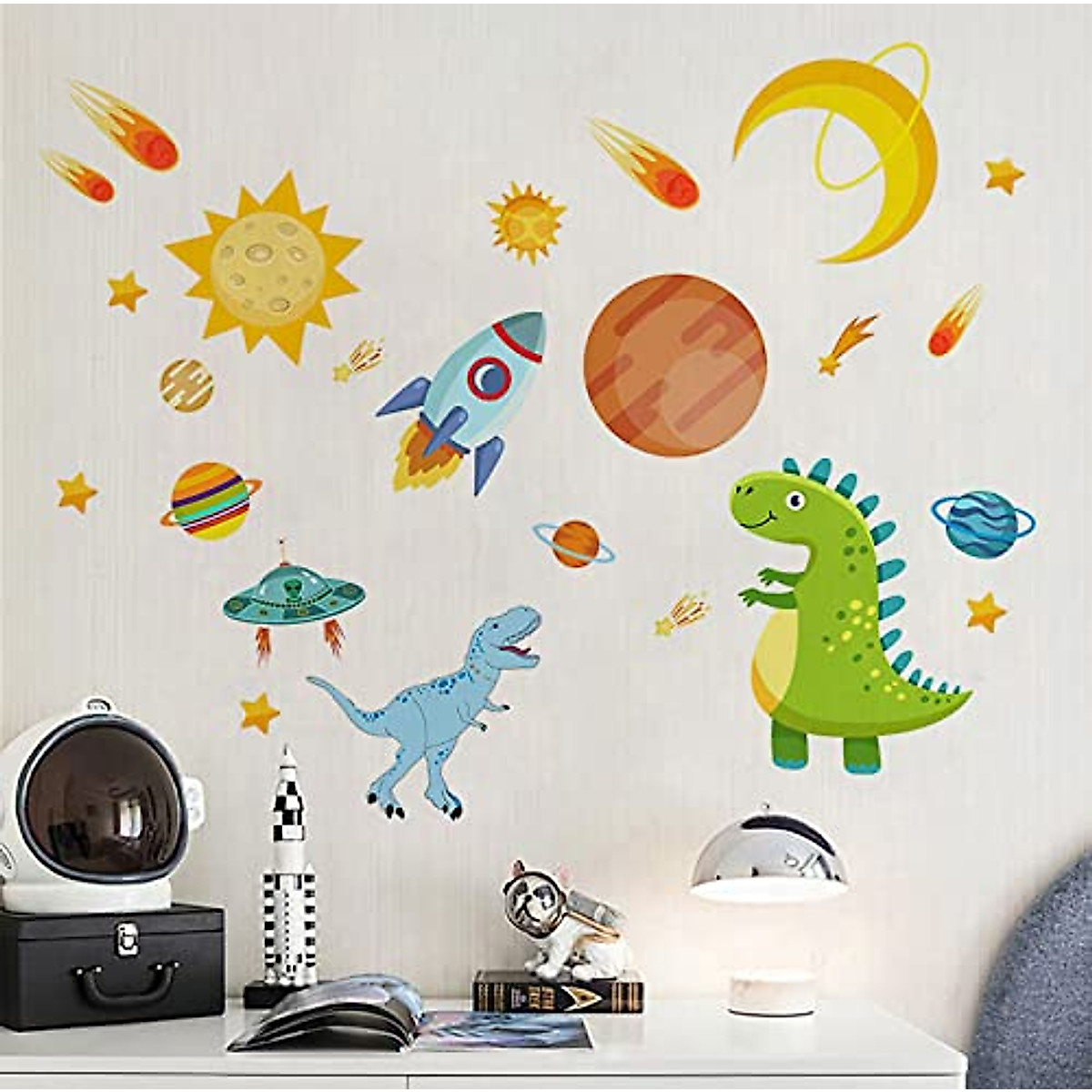 Dinosaur Outer Space Wall Decals, Dino Rocket Spaceship Decor Animal Planet Solar System Wall Sticker for Kid’s Bedroom Nursery Playroom Classroom Wall Decor