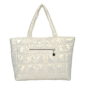 Large Quilted Tote Bag with Zip for Women Lightweight Winter Down Cotton Padded Plaid Shoulder Bags Down Padding Handbags with 2 inner Pockets and an Outer Zip Pocket